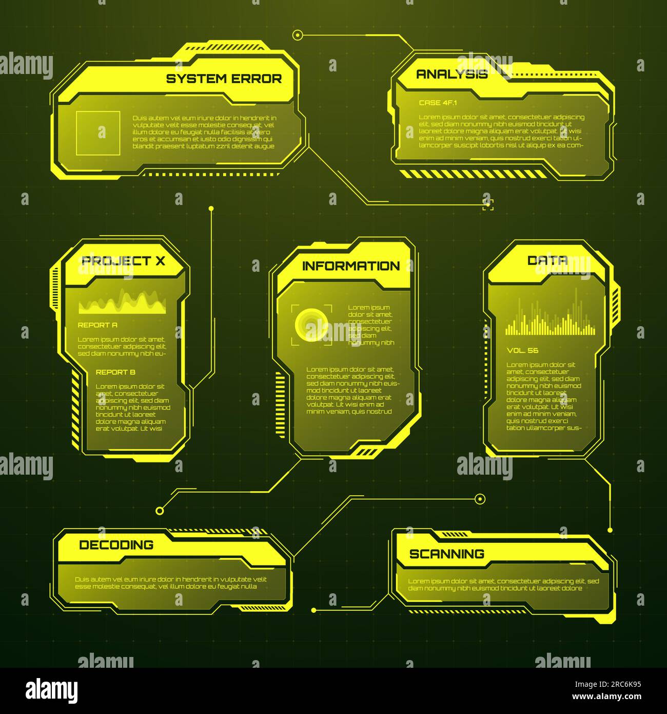 Yellow futuristic HUD, UI elements. Sci-fi user interface text boxes, callouts. Warning message ...