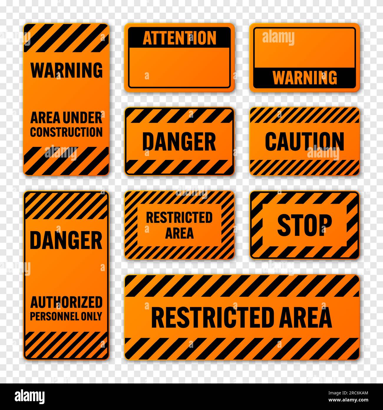 Various black and orange warning signs with diagonal lines. Attention ...