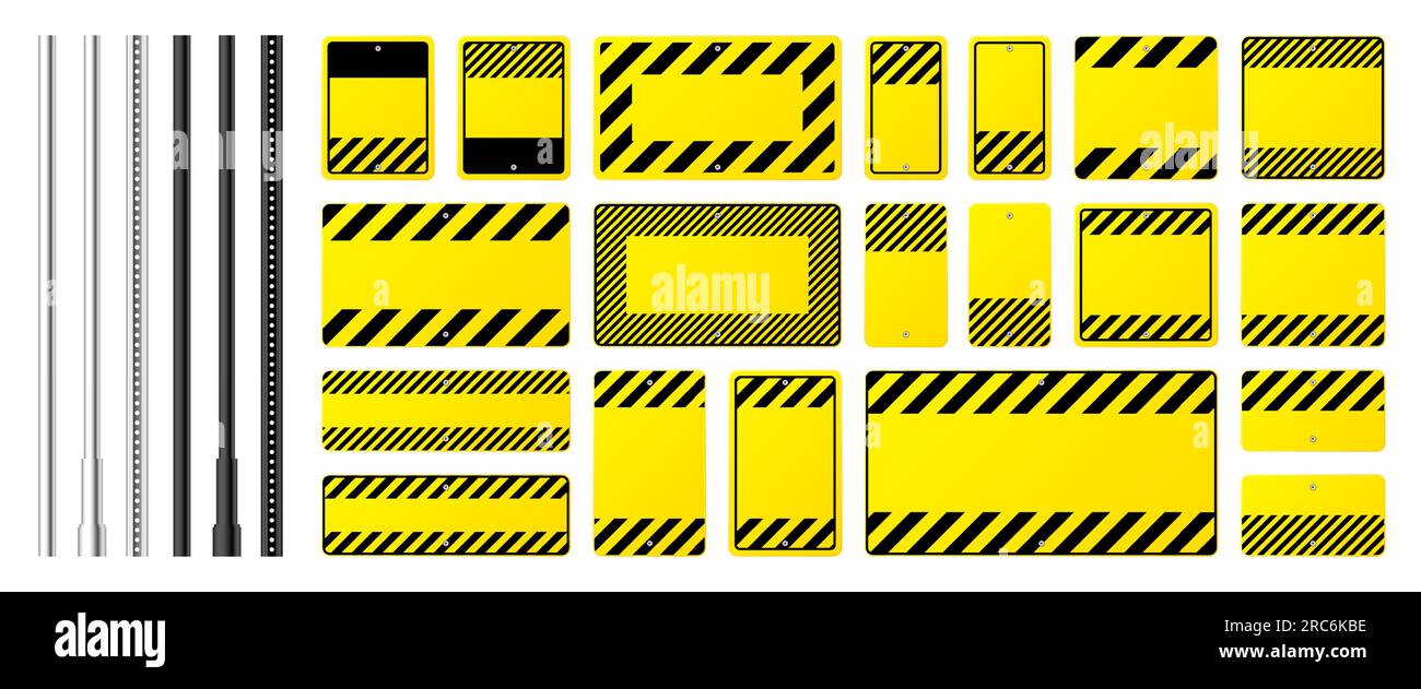 Warning, danger signs, attention banners with metal poles. Blank yellow ...