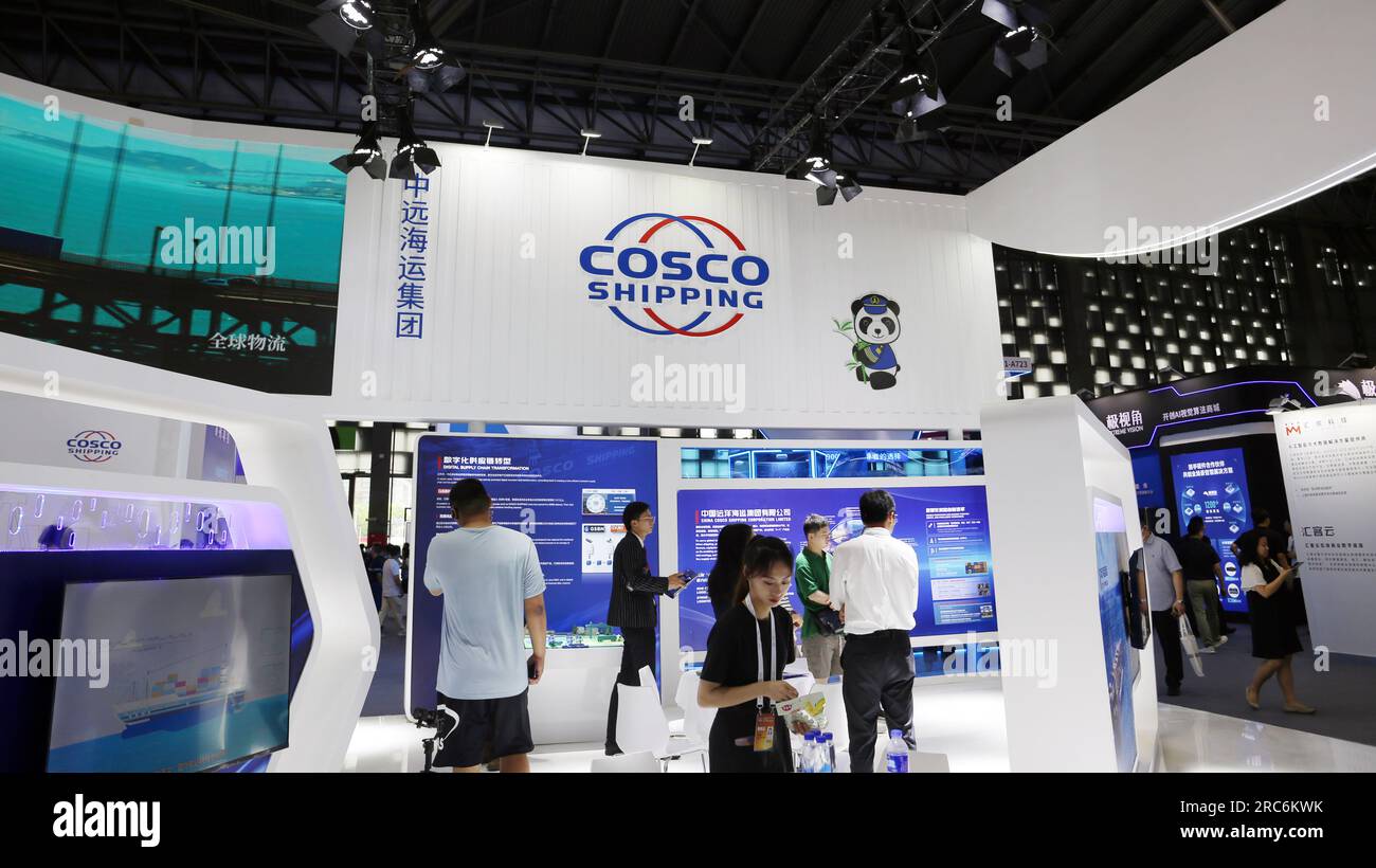 SHANGHAI, CHINA - JULY 7, 2023 - Visitors visit the booth of COSCO ...
