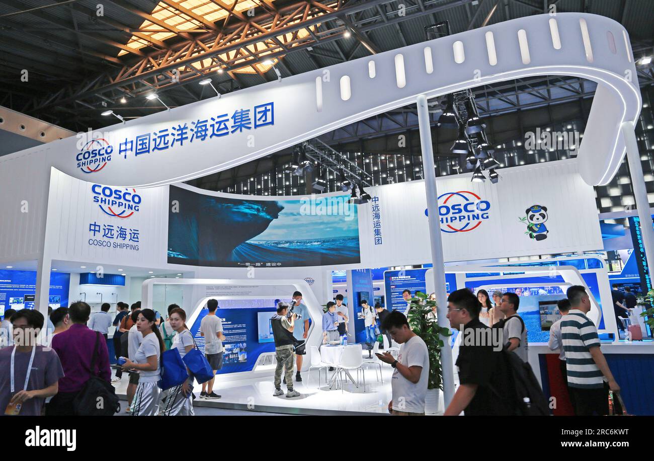 SHANGHAI, CHINA - JULY 7, 2023 - Visitors visit the booth of COSCO ...