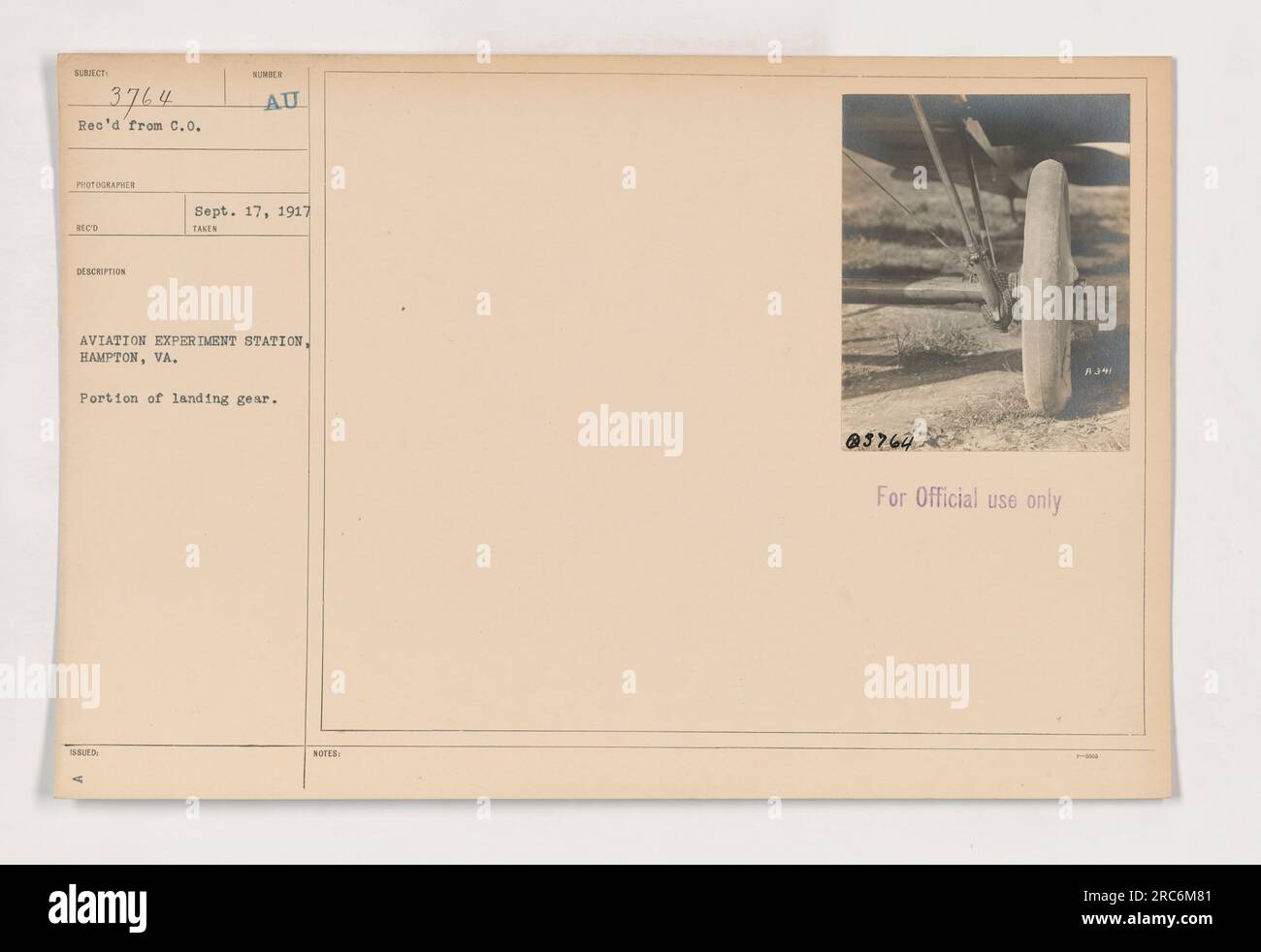 A close-up image showing a portion of the landing gear at Langley Field ...