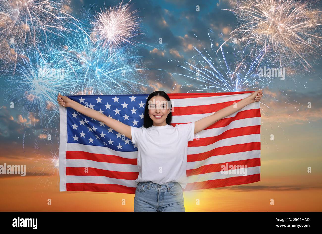 4th of July - Independence day of America. Happy woman holding national ...