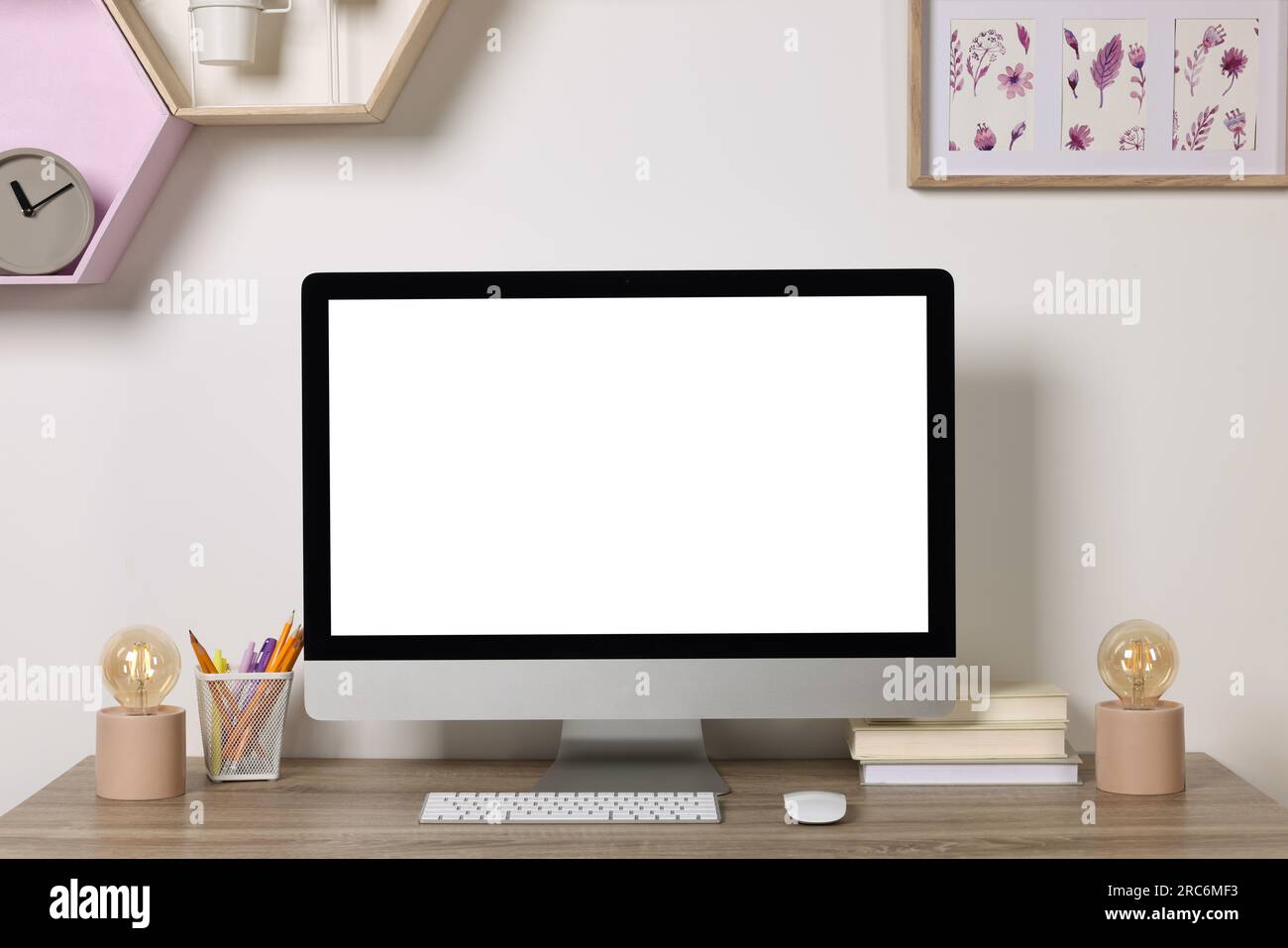 Cozy workspace with modern computer and stationery on wooden desk Stock ...