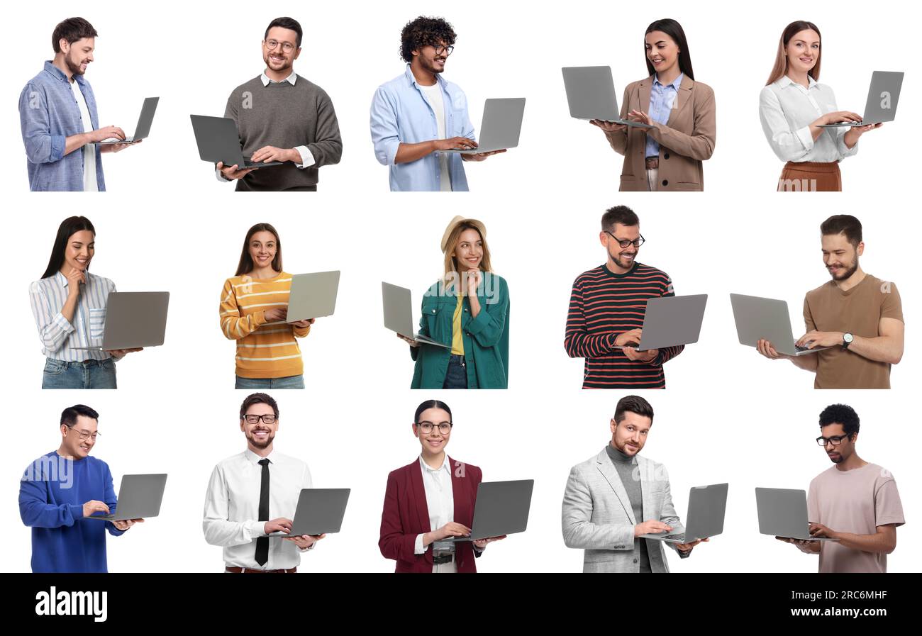 People with laptops on white background, collage design Stock Photo - Alamy