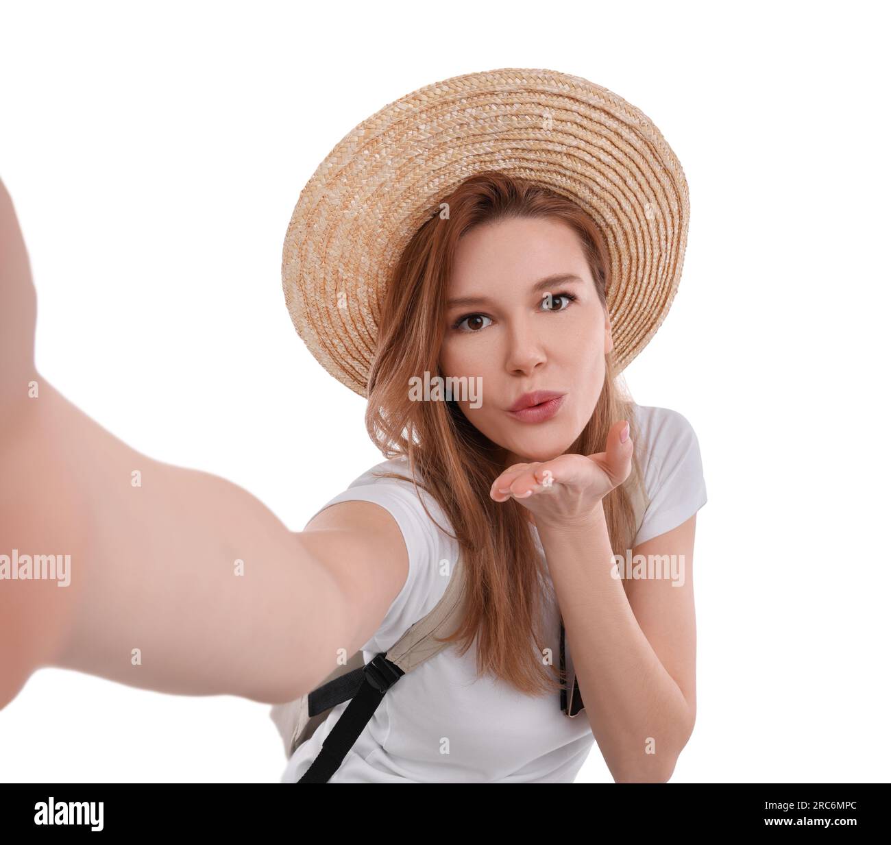Beautiful Woman In Straw Hat Taking Selfie On White Background Stock