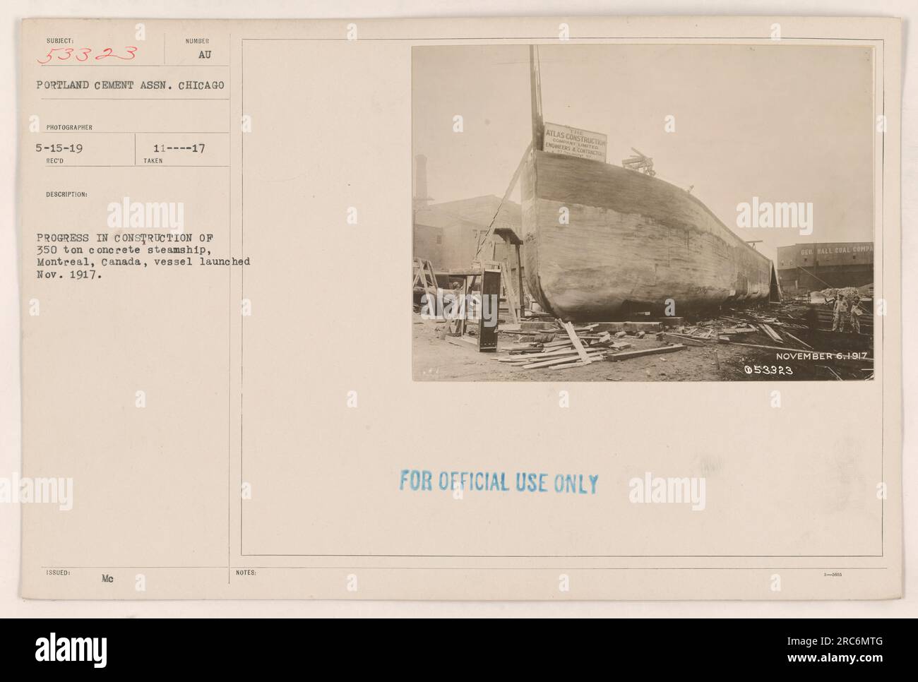 Construction progress of a 350-ton concrete steamship in Montreal ...