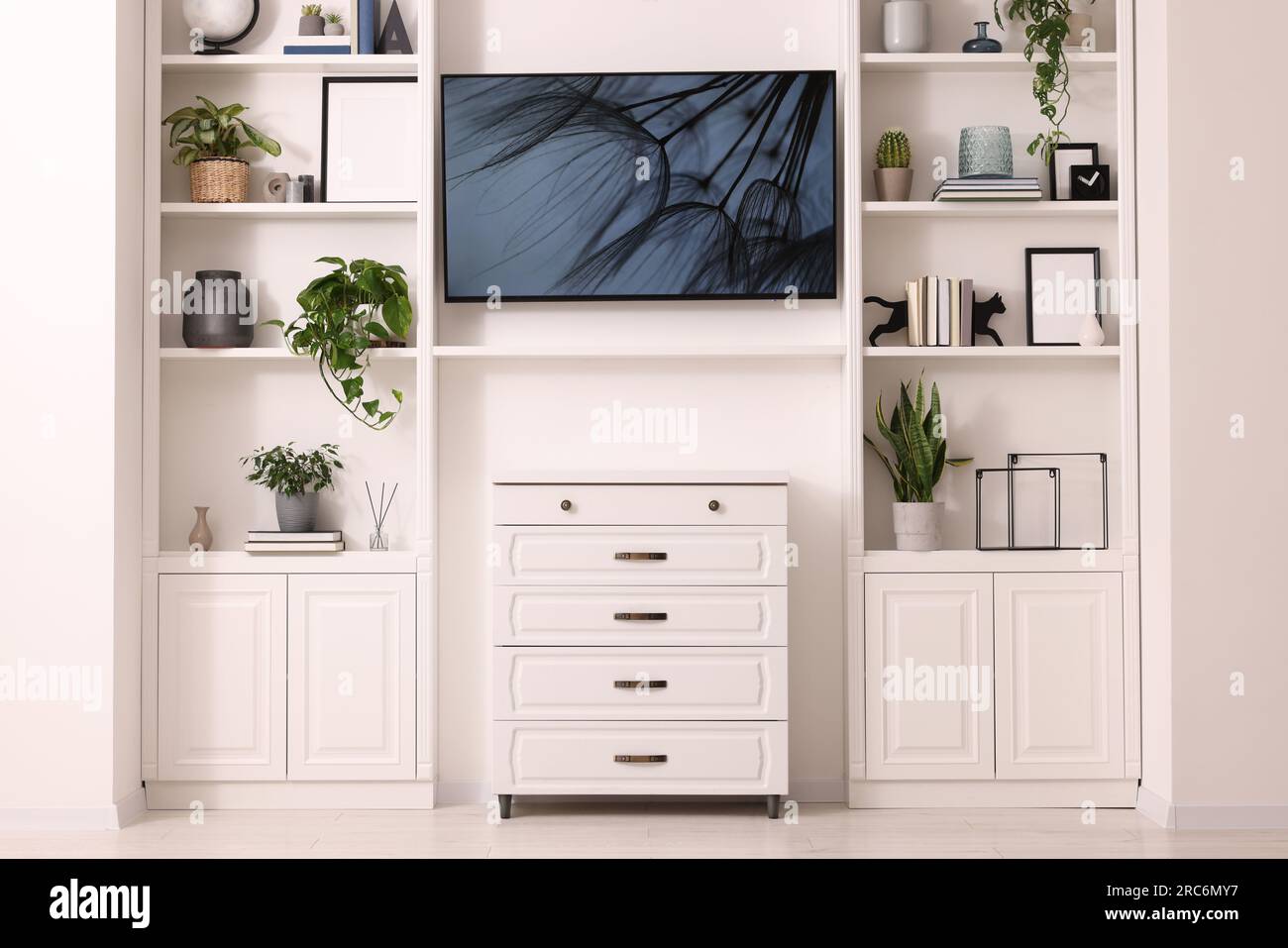 Interior design. Stylish tv area, chest of drawers and shelves with ...