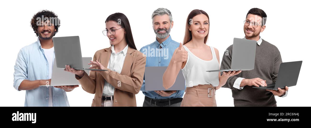 Group of people with laptops on white background Stock Photo - Alamy