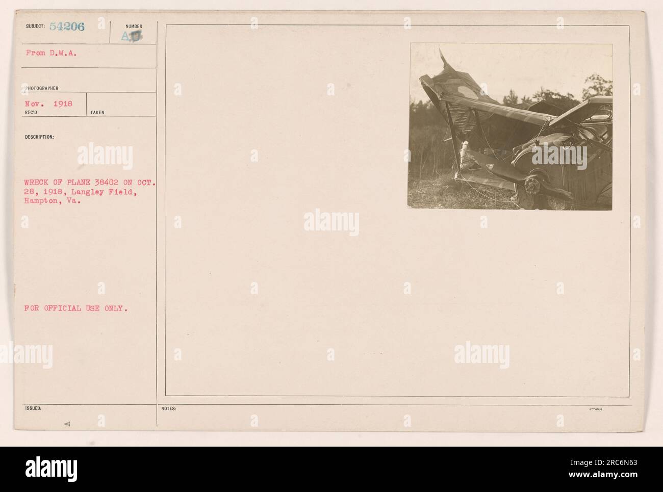 Wreckage of plane 38402 at Langley Field, Hampton, Virginia, on October ...