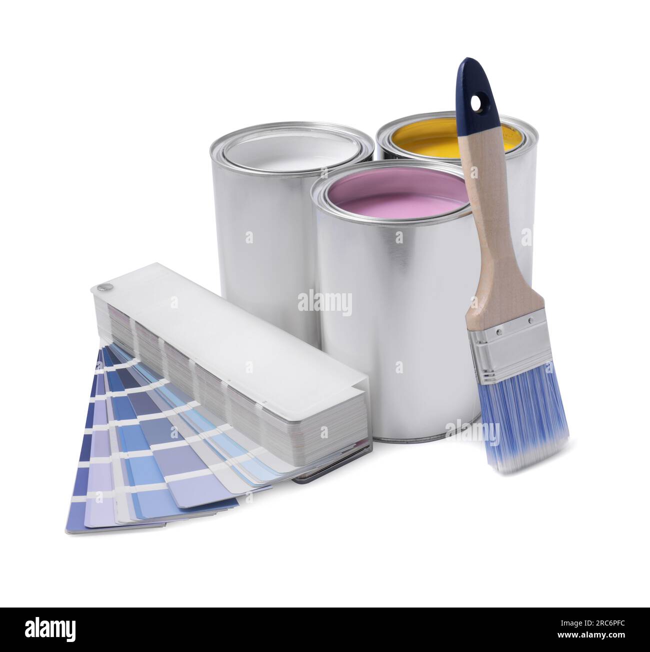 Cans with different paints, brush and color palette on white background ...
