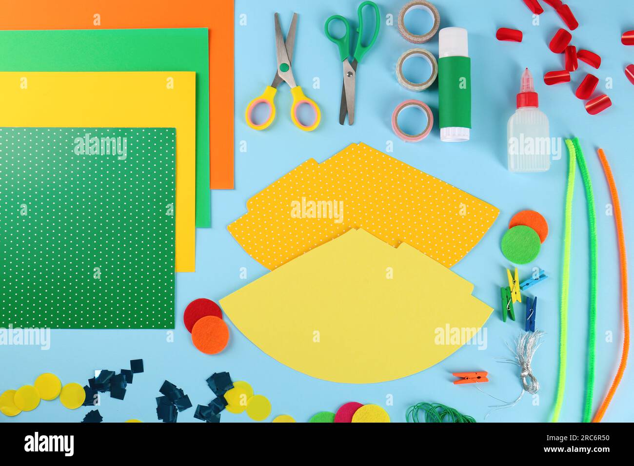 Flat lay composition with different materials to create party hats on ...