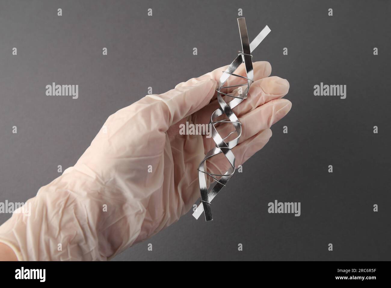 Scientist with DNA molecular chain model made of metal on grey ...