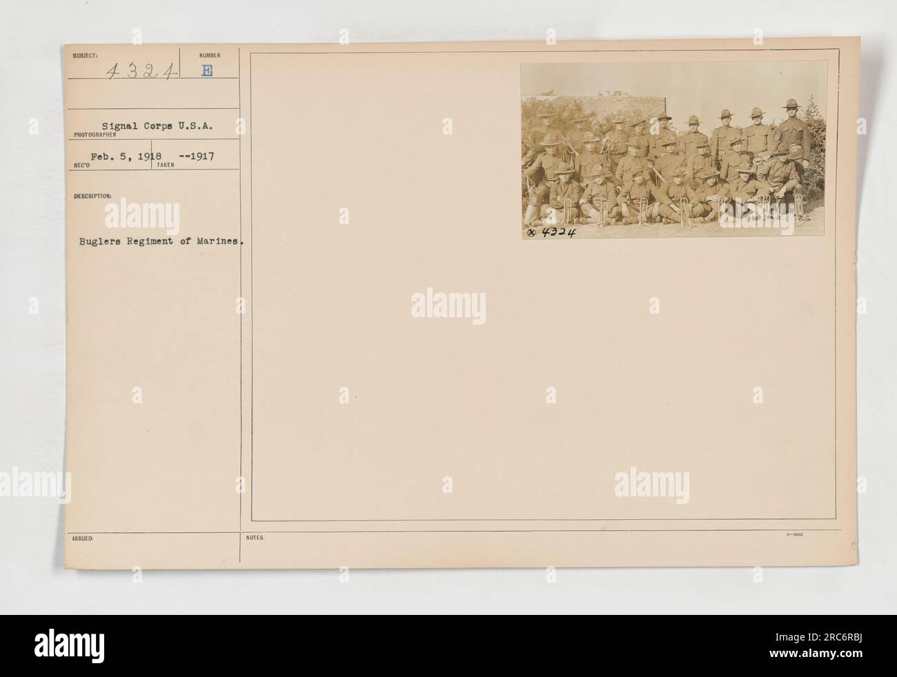 Buglers from the Regiment of Marines sounding signals during World War I. Date of the photograph ...