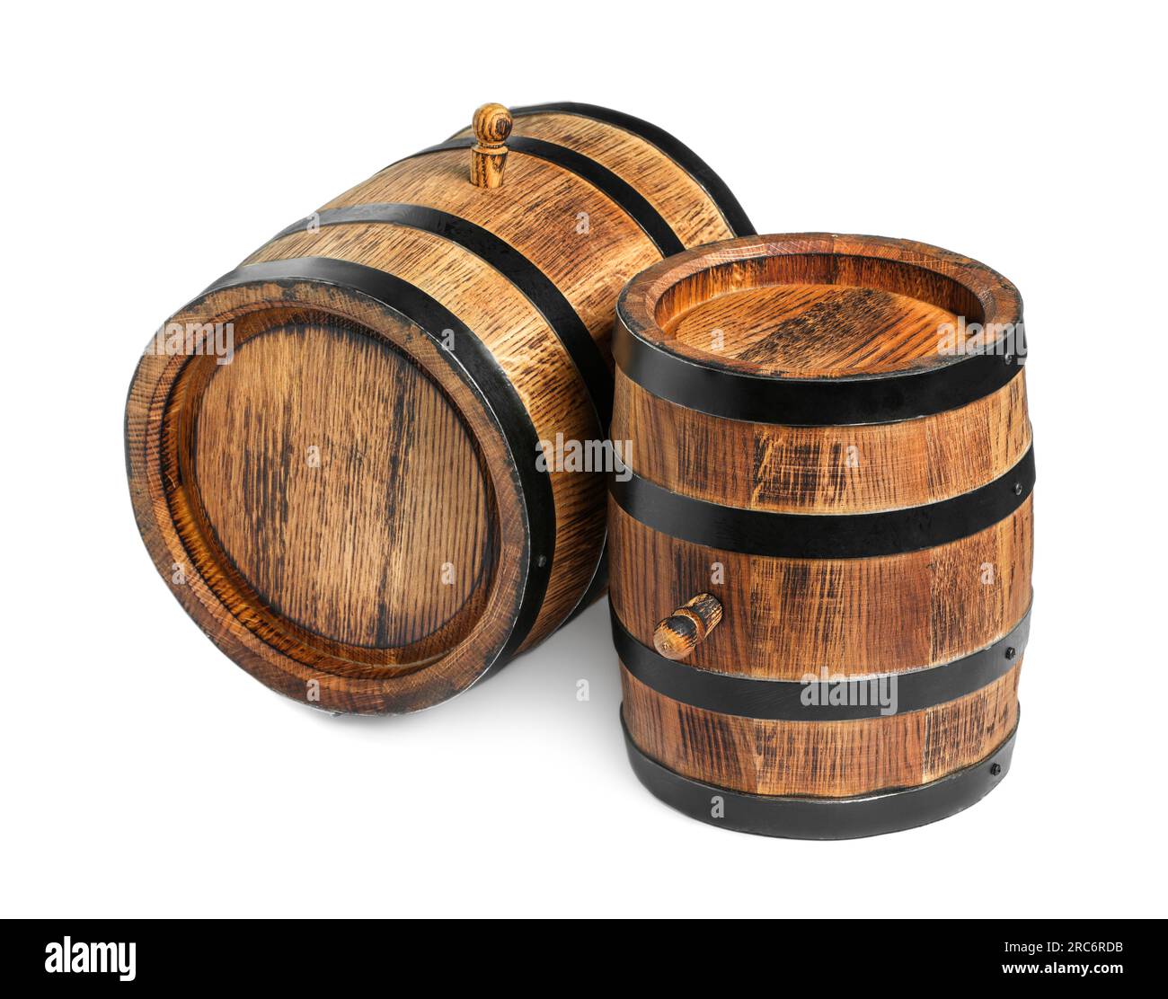 Two traditional wooden barrels isolated on white Stock Photo - Alamy