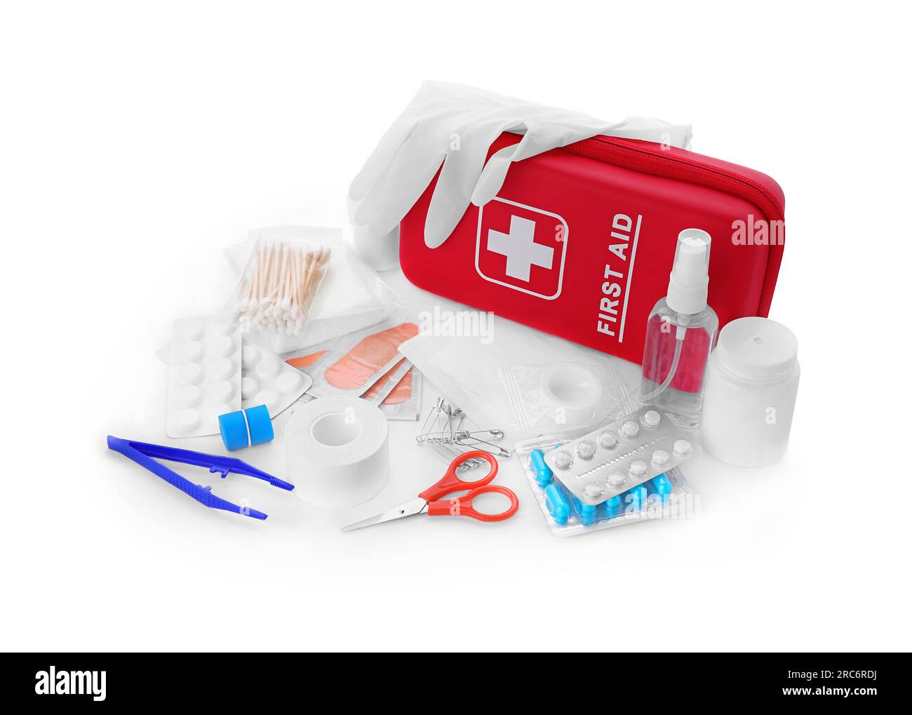 First aid kit, scissors, gloves, pills, cotton buds, plastic forceps ...