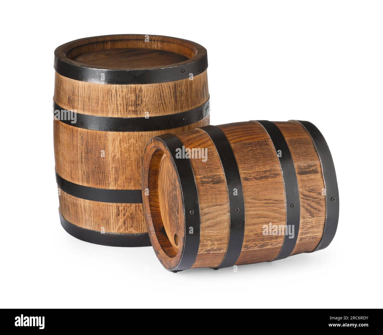 Two traditional wooden barrels isolated on white Stock Photo - Alamy