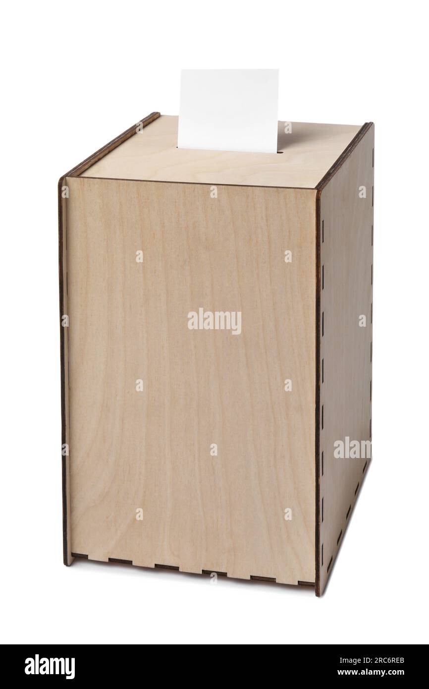 Wooden ballot box with vote isolated on white Stock Photo - Alamy