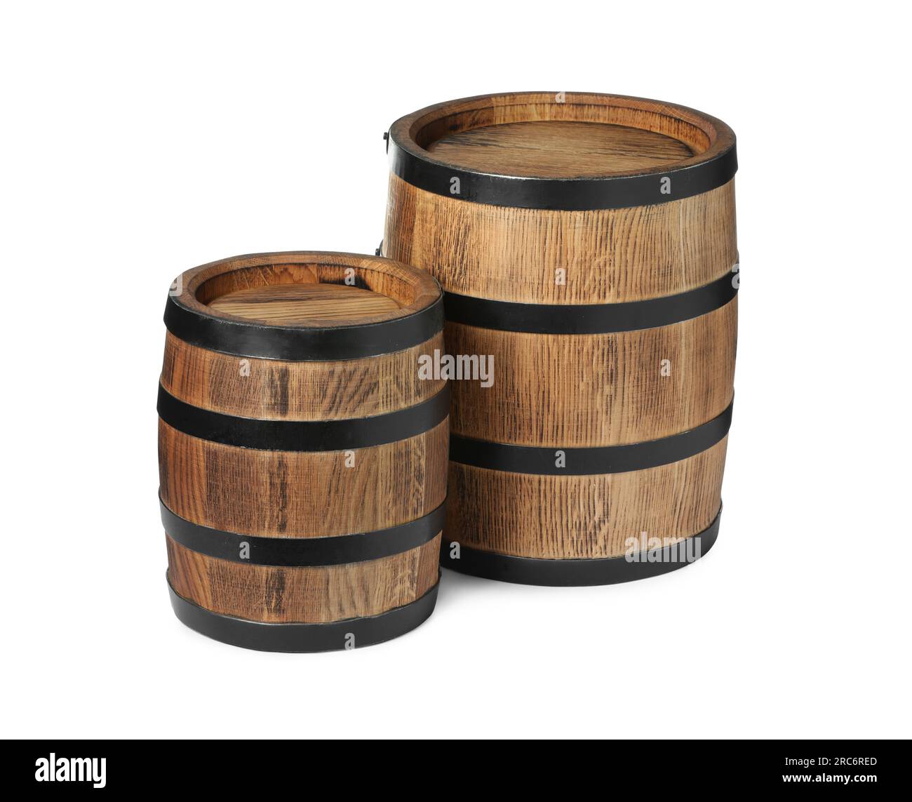 Two traditional wooden barrels isolated on white Stock Photo - Alamy