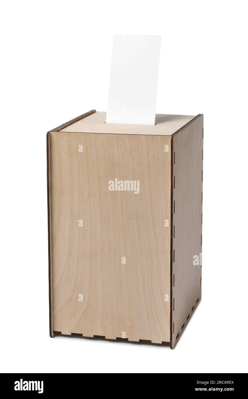Wooden ballot box with vote isolated on white Stock Photo - Alamy