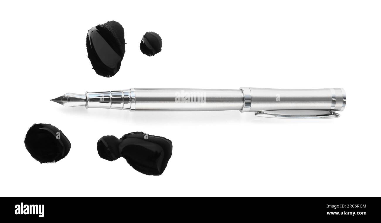 Stylish silver fountain pen and blots of ink isolated on white, top ...