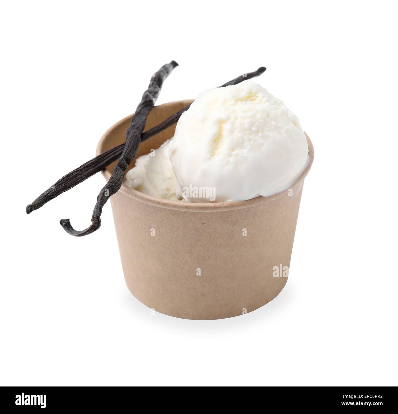 Delicious ice cream with vanilla pods in paper cup isolated on white ...