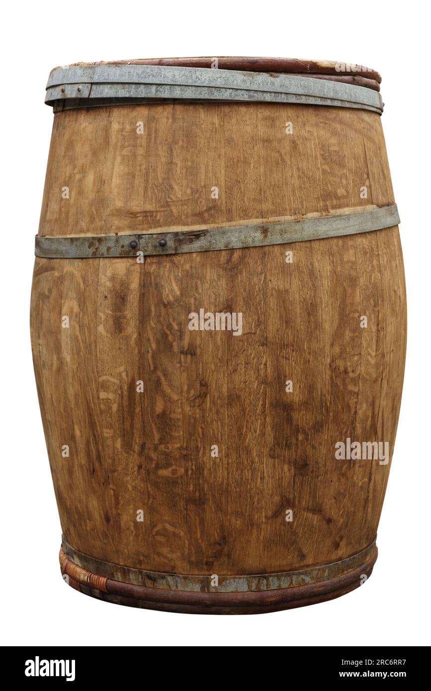 One wooden barrel with metal hoops isolated on white Stock Photo - Alamy