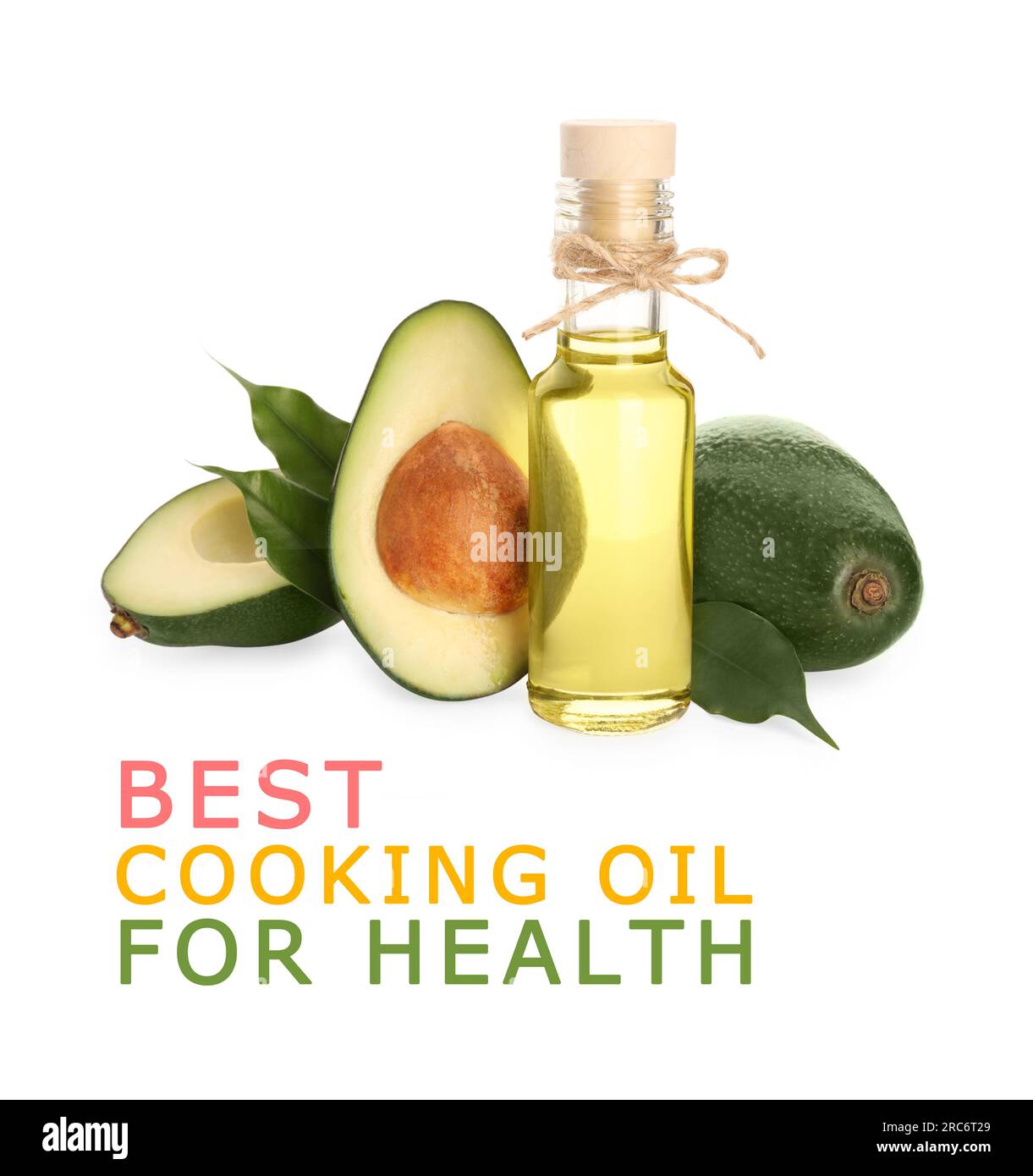Avocado oil as best cooking oil for health. Text and product on white ...