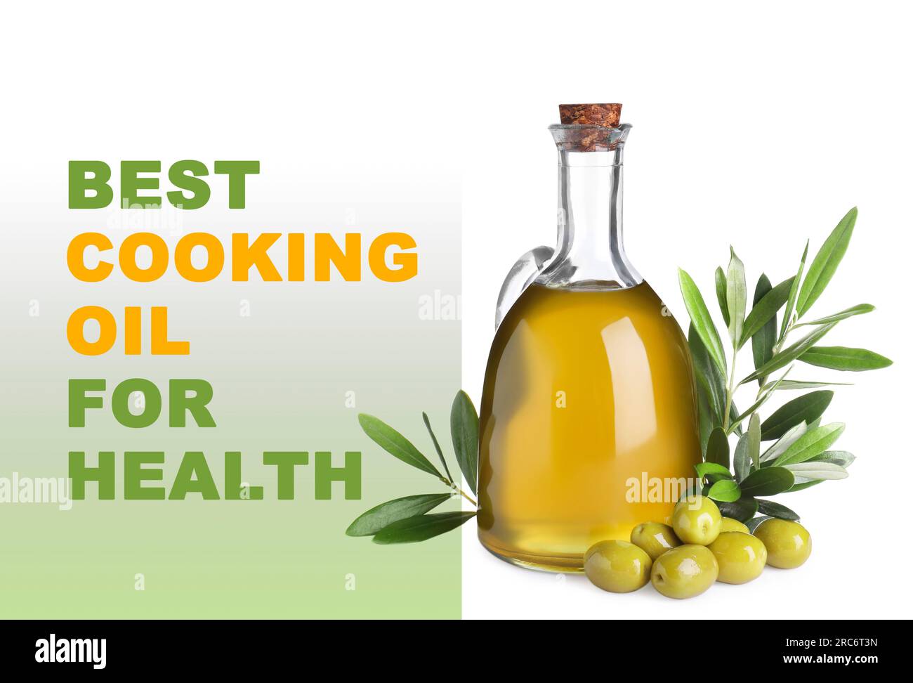 Olive oil as best cooking oil for health. Text and product on white ...