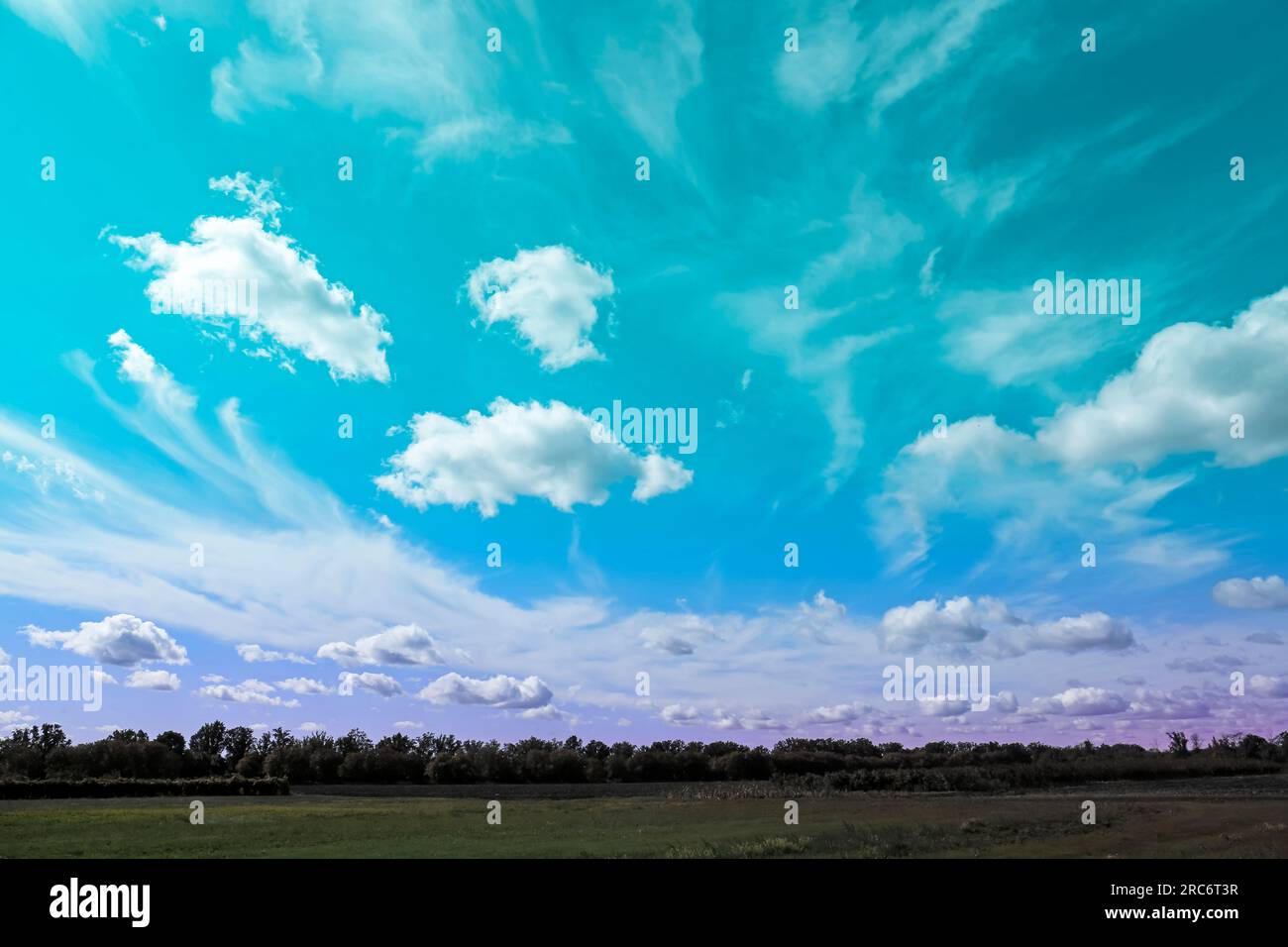 Amazing light blue and purple sky with clouds over green meadow and ...