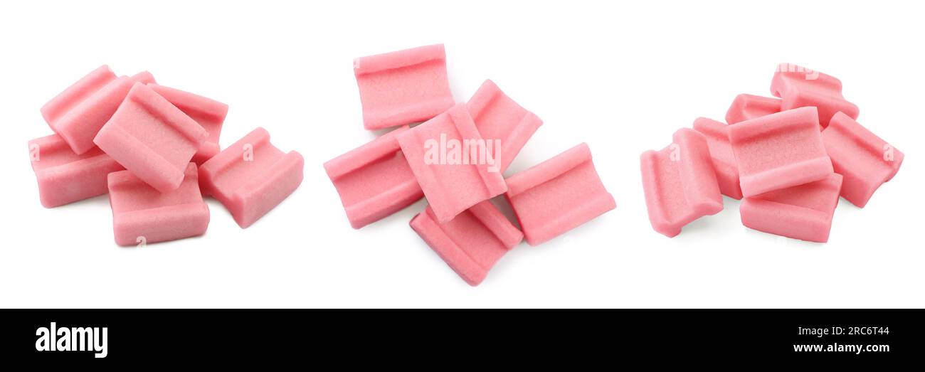 Set of tasty pink bubble gums on white background Stock Photo - Alamy