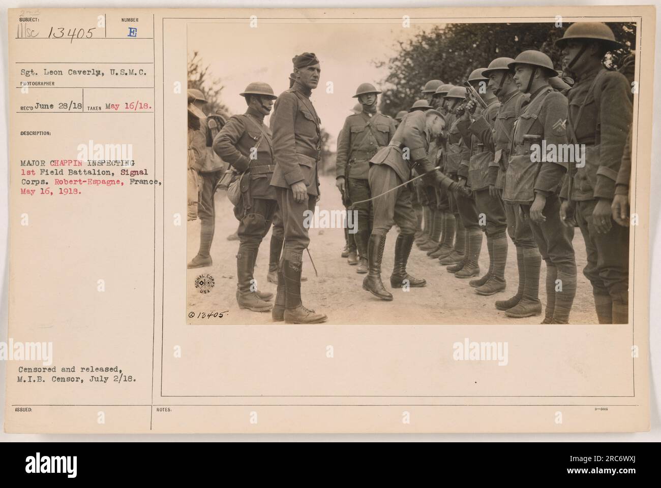 Caption: "Major Chappin inspects 1st Field Battalion, Signal Corps in ...