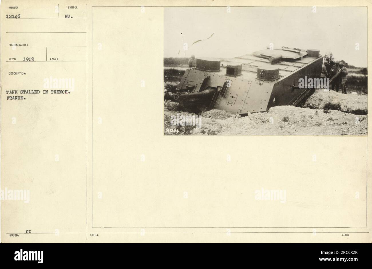 A U.S. tank can be seen stalled in a trench during World War One in ...