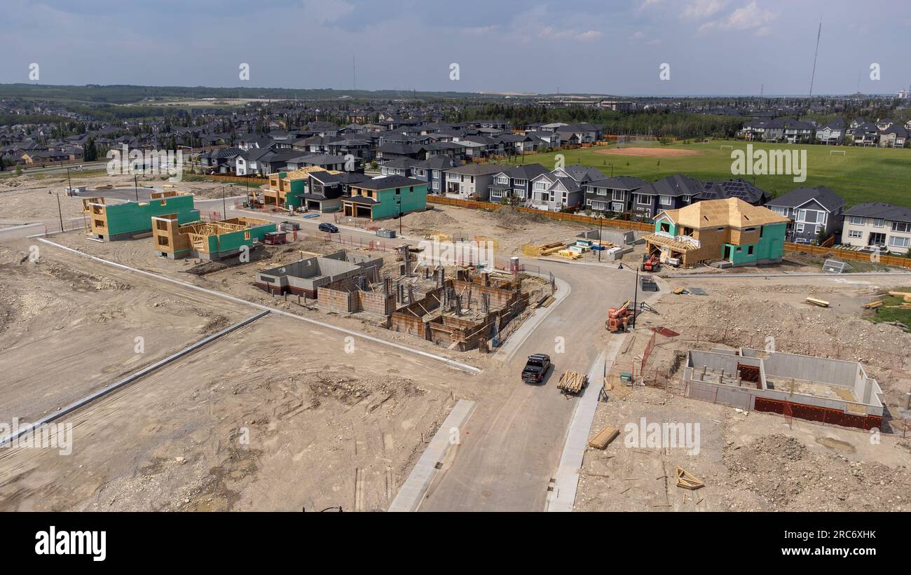 Aerial view of new suburban developments in the city of Calgary in ...