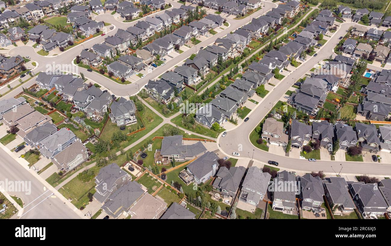 Aerial view of new suburban community in the city of Calgary in Alberta ...
