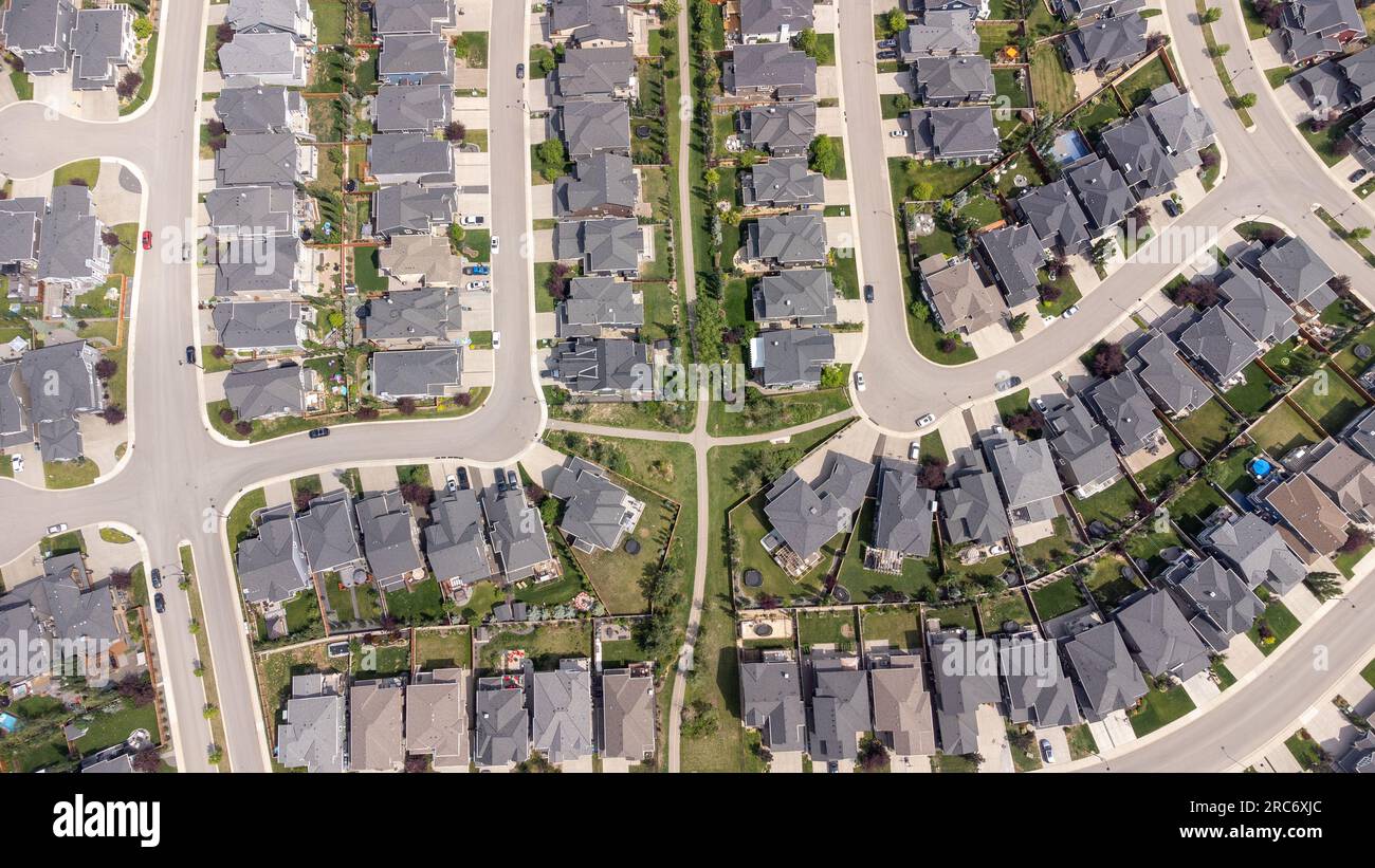 Aerial view of new suburban community in the city of Calgary in Alberta ...