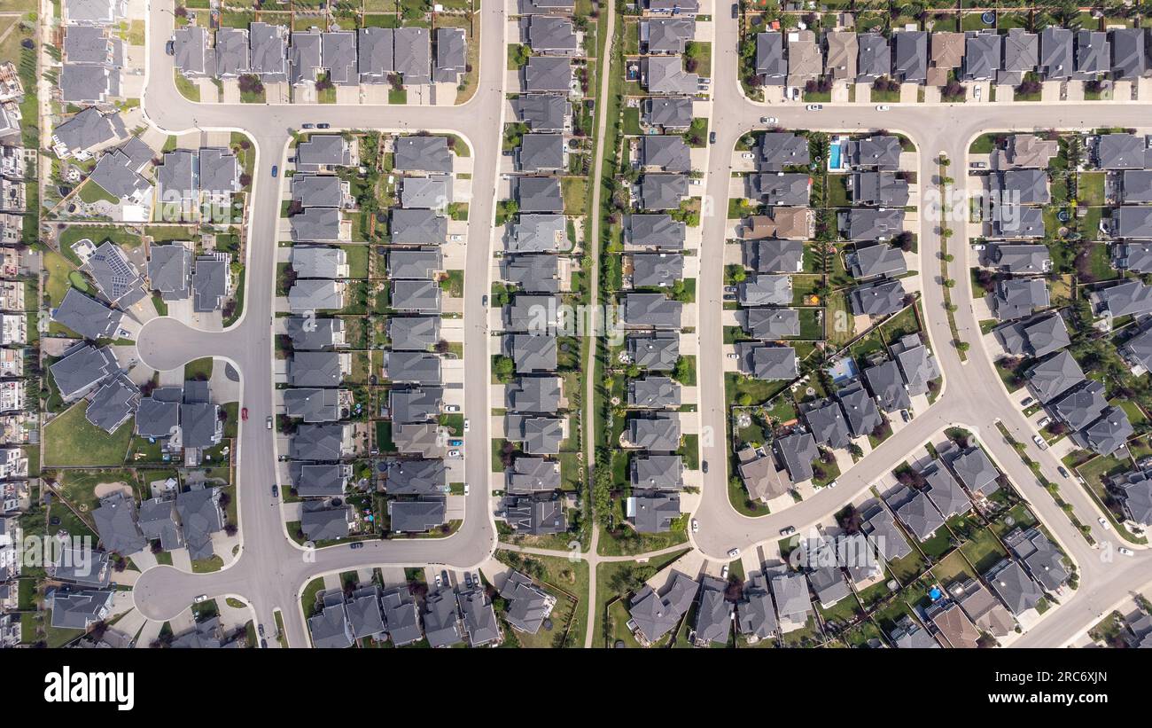Aerial view of new suburban community in the city of Calgary in Alberta ...