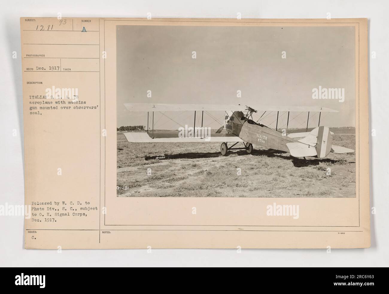 Italian SIA 7B airplane equipped with a machine gun mounted above the ...