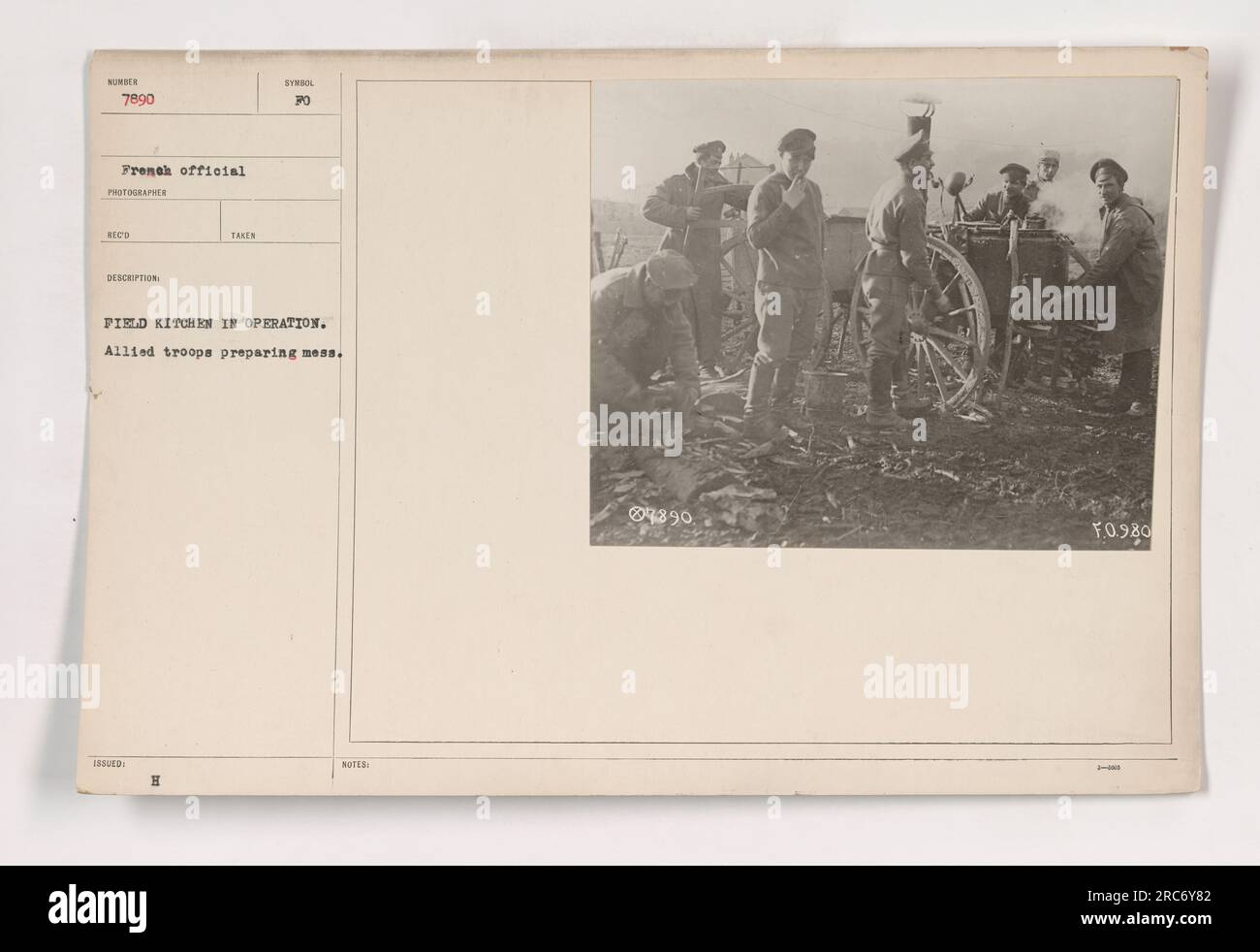 Allied troops in World War One preparing food in a field kitchen. The ...