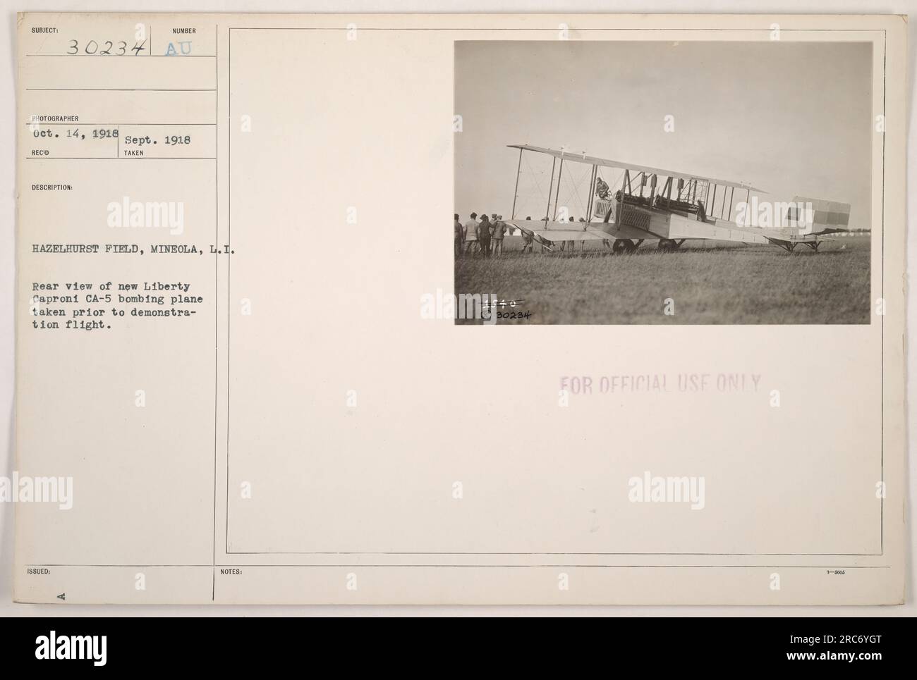 Caption: "Rear view of new Liberty Caproni CA-5 bombing plane at ...