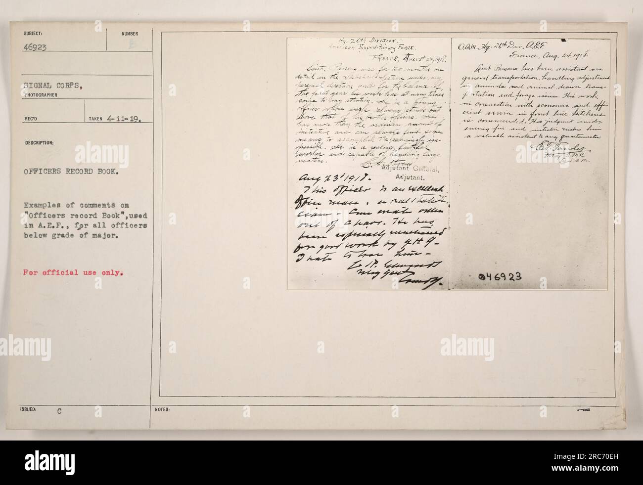 Caption: "Officers record book used in the A.E.F for officers below the ...