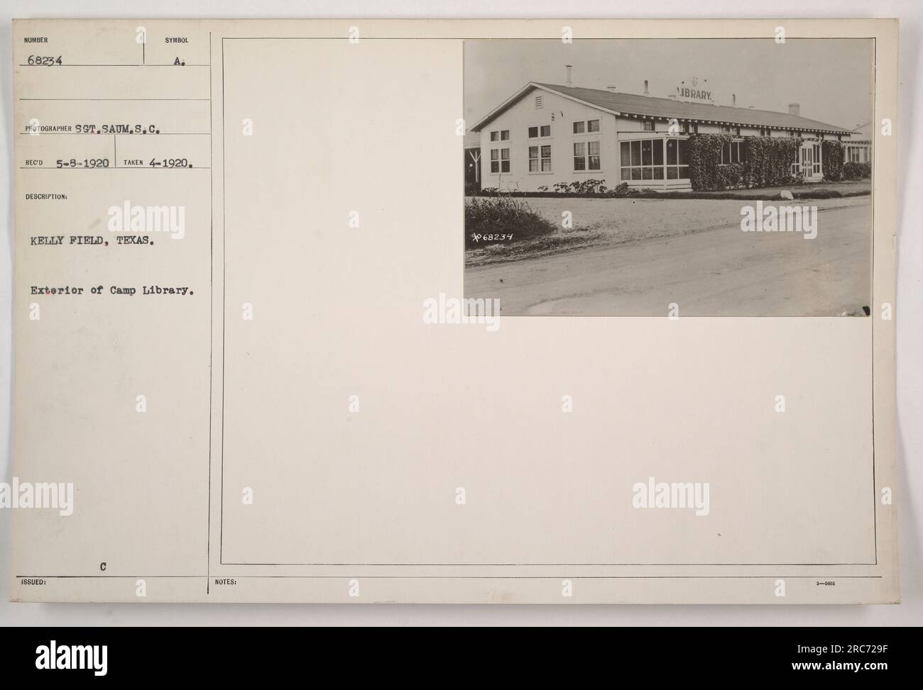 Exterior of the Camp Library at Kelly Field in Texas. This photograph ...