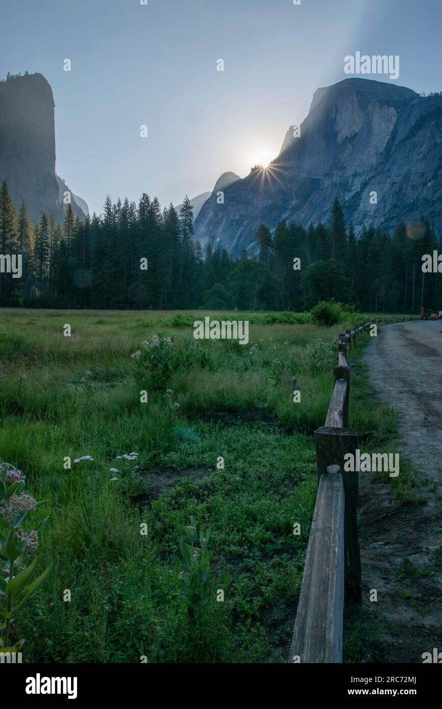 Sunrise in Yosemite Valley produces magical golden light and sunrays for visitors to Yosemite ...