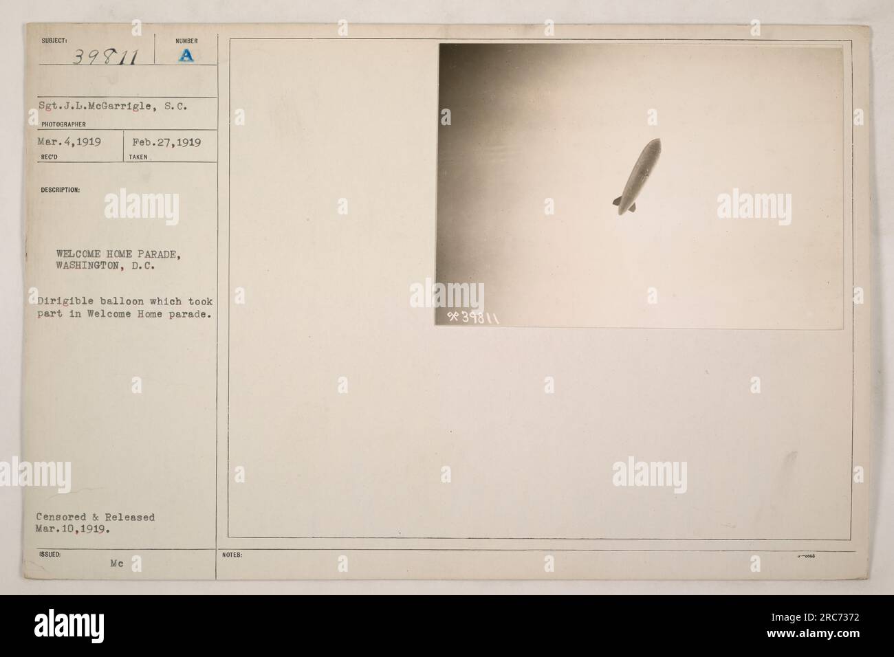 A dirigible balloon taking part in a Welcome Home parade in Washington ...