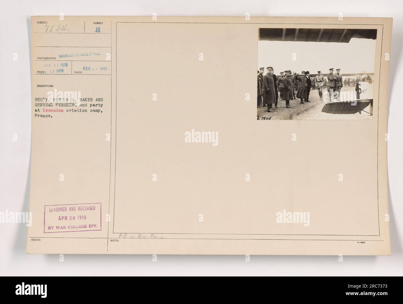 Secretary Newton D. Baker and General Pershing visit Issoudun aviation camp in France. The ...