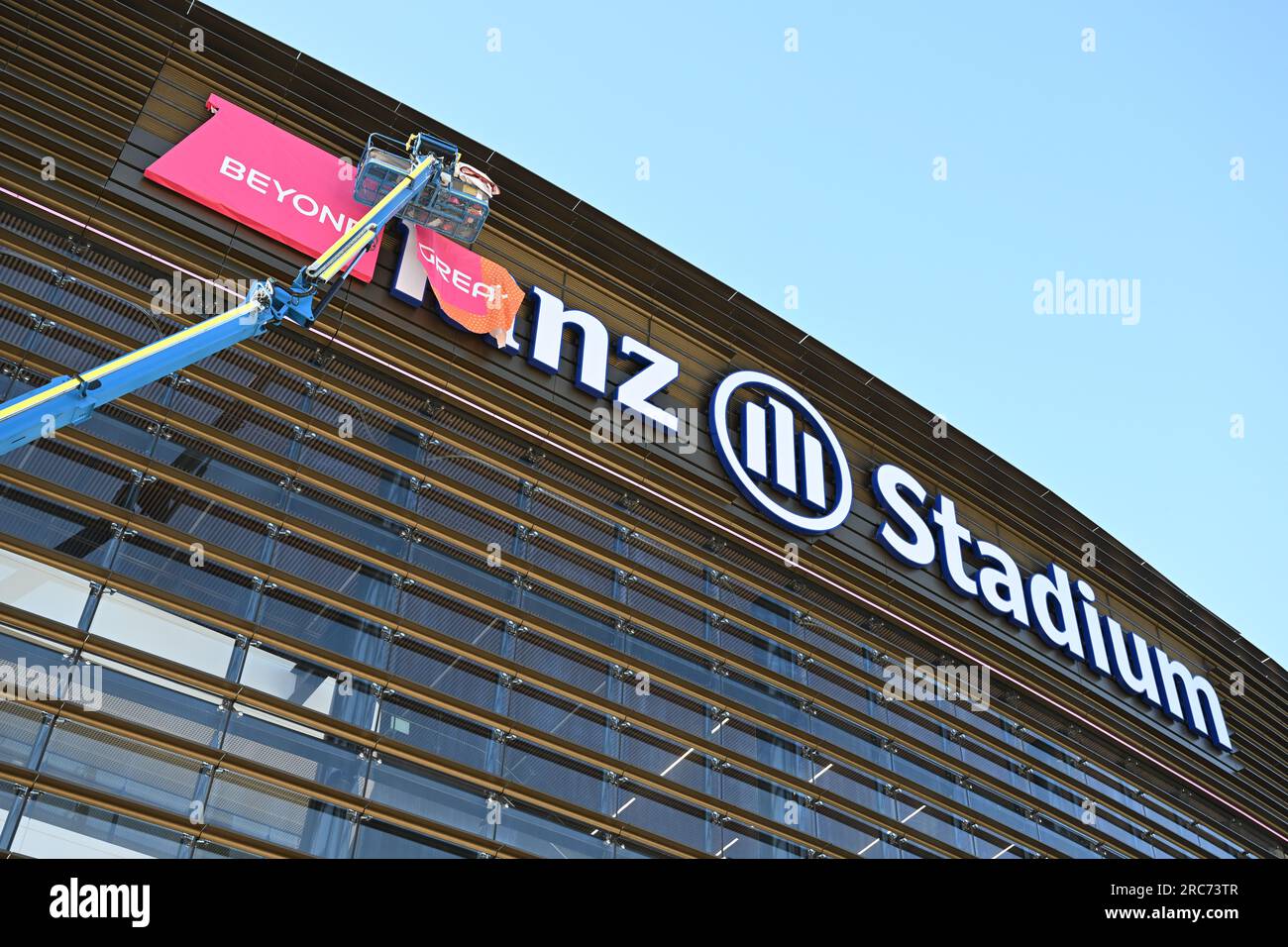 Sydney, Australia. 13th July, 2023. Workers cover up the Allianz ...