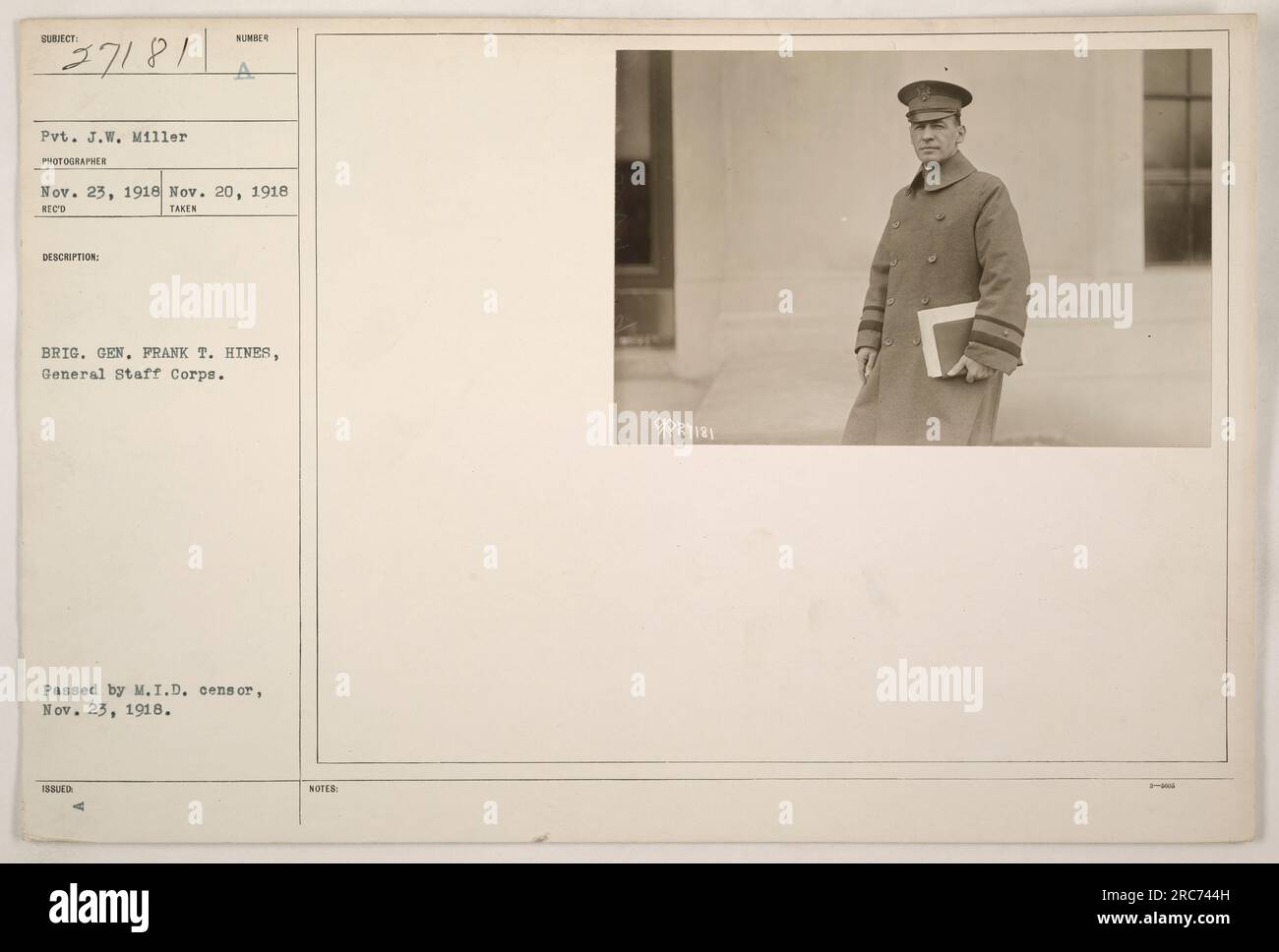 Image caption: "November 20, 1918 - Pvt. J.W. Miller being photographed with Brig. Gen. Frank T ...