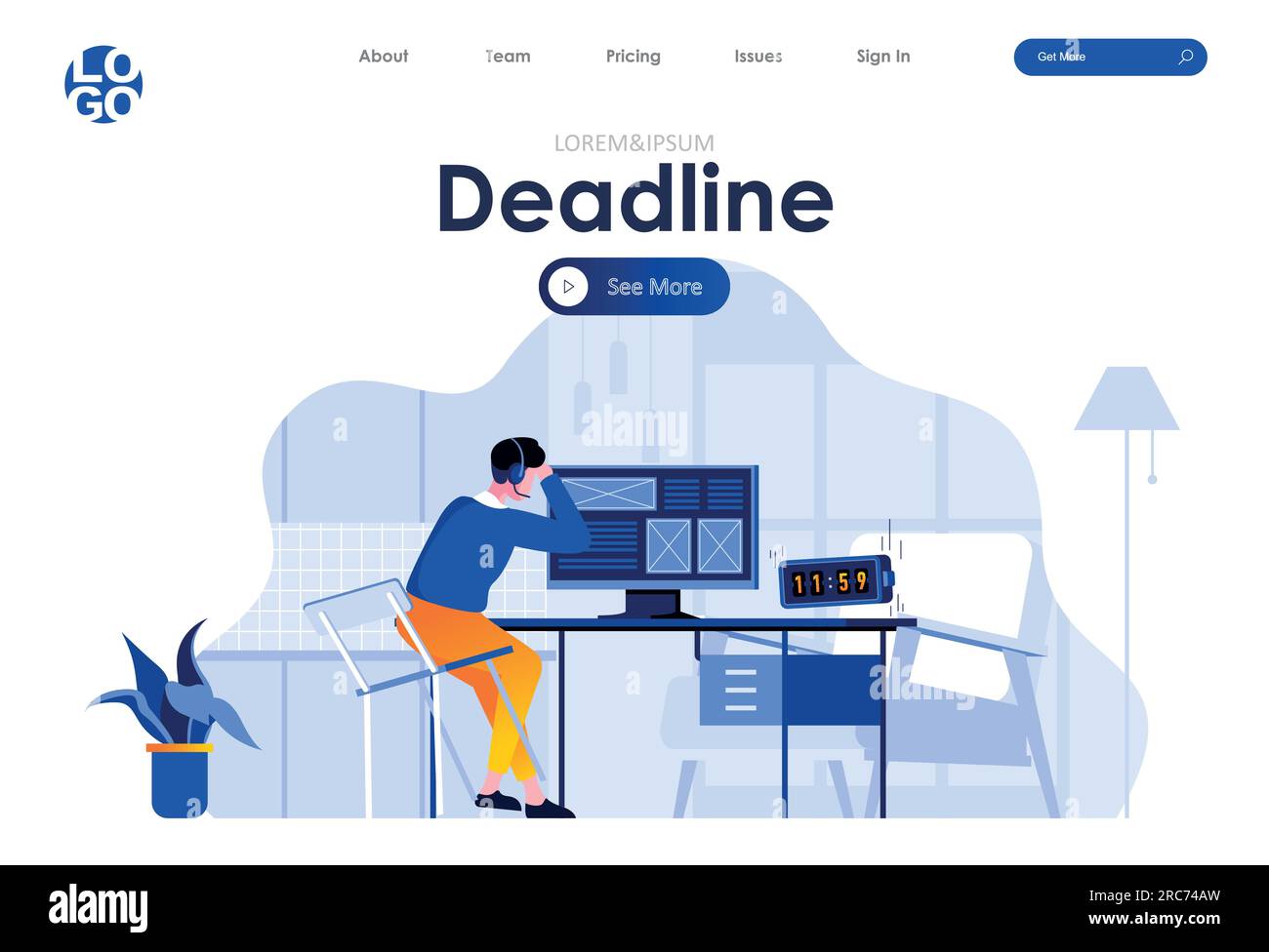 Work deadline flat landing page design. Tired project manager at ...