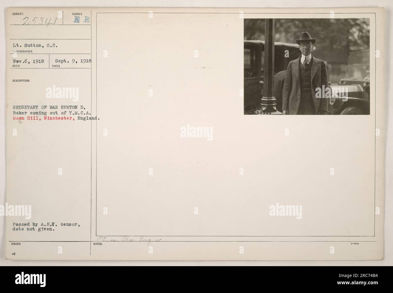 Secretary of War Newton D. Baker leaving the Y.M.C.A. facility at Moen ...