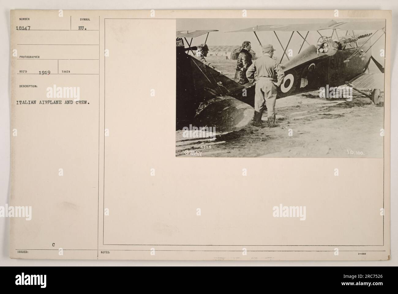 Italian airplane and crew, taken in 1919 during World War I. The photo ...